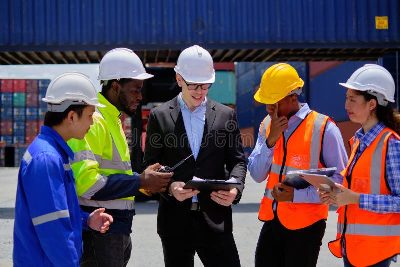 Group of Workers Teamwork at Logistics Terminal, Cargo Transportation ...