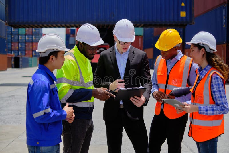 Group of Workers Teamwork at Logistics Terminal, Cargo Transportation ...