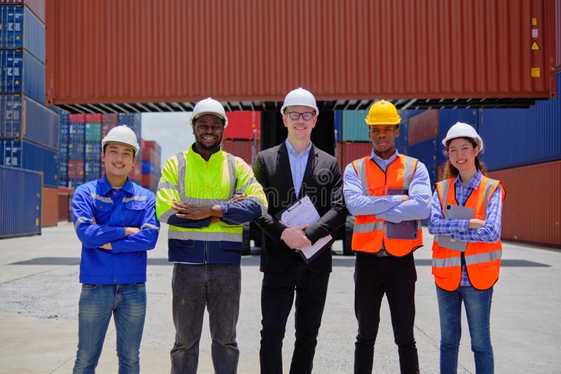 Group of Workers Teamwork at Logistics Terminal with Many Stacks of ...