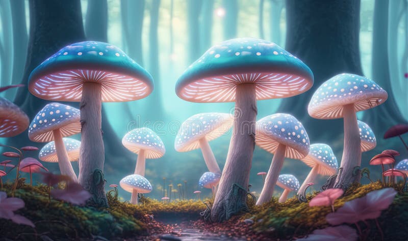 A Group of Mushrooms in a Forest with a Stream Running through it Stock ...