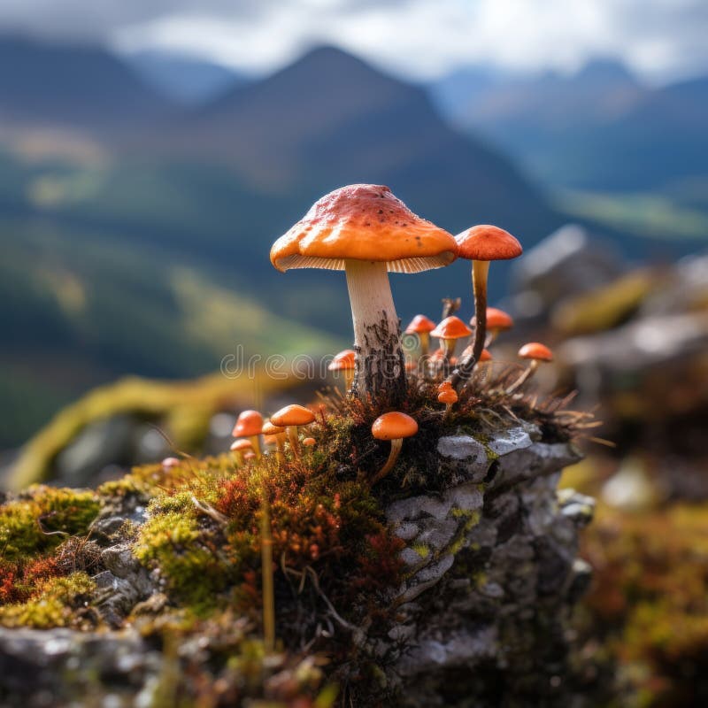 A Group of Mushrooms Growing on a Rock Stock Image - Image of grass ...
