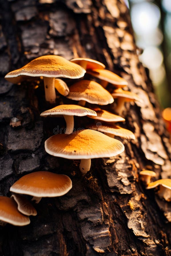 Group of Mushrooms Growing on Tree Trunk in the Forest. Generative AI ...