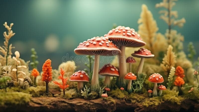 A Group of Mushrooms Sitting on Top of a Lush Green Field, AI Stock ...