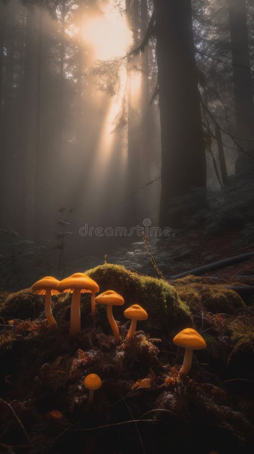 A Group of Mushrooms Sitting on Top of a Moss Covered Ground. Generative AI Image. Stock ...