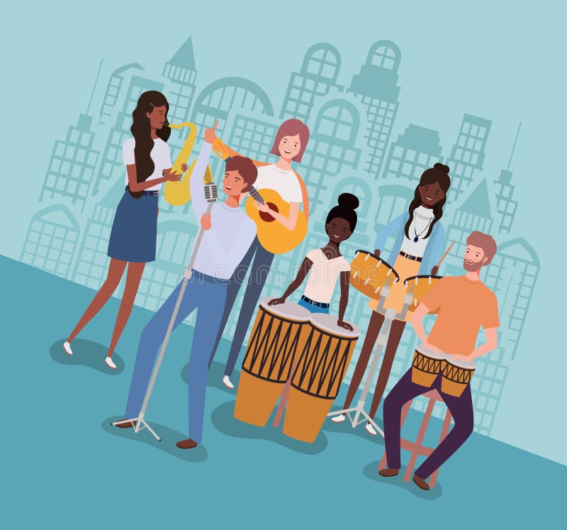 Group Music Band Playing Instruments Characters Stock Vector ...