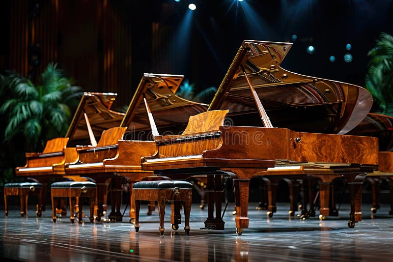 Group of Musical Instruments Classical Grand Pianos Stand in a Row on ...