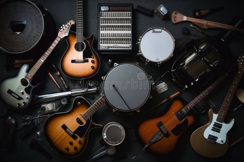 Group of Musical Instruments Including a Guitar, Drum, Keyboard ...