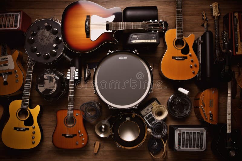 Group of Musical Instruments Including a Guitar, Drum, Keyboard ...