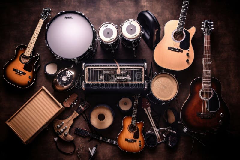 Group of Musical Instruments Including a Guitar, Drum, Keyboard ...