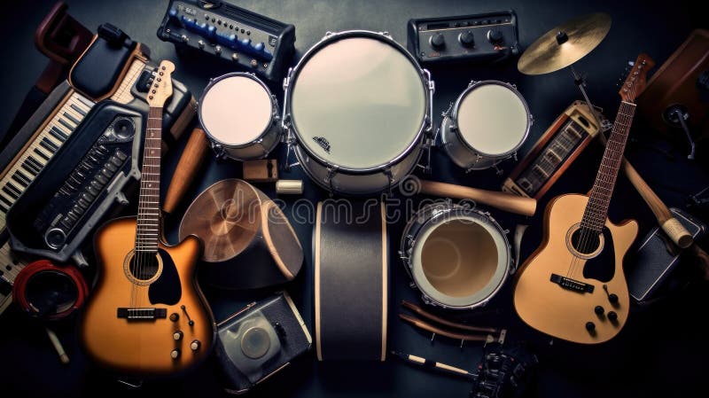 Group of Musical Instruments Including a Guitar, Drum, Keyboard ...