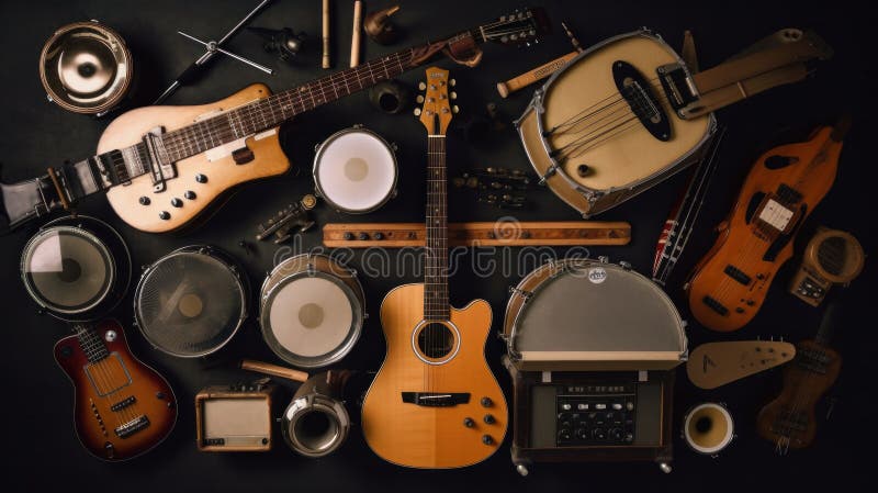 Group of Musical Instruments Including a Guitar, Drum, Keyboard ...