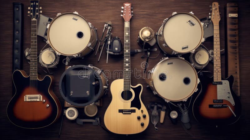 Group of Musical Instruments Including a Guitar, Drum, Keyboard ...
