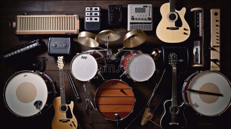 Group of Musical Instruments Including a Guitar, Drum, Keyboard ...