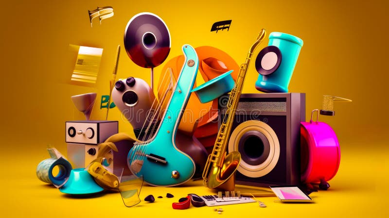 Group of Musical Instruments and Speaker on Yellow Background 3d ...