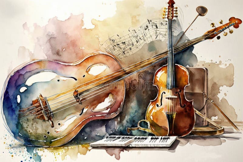 Group of Musical Instruments. Watercolor. Created with Generative AI ...