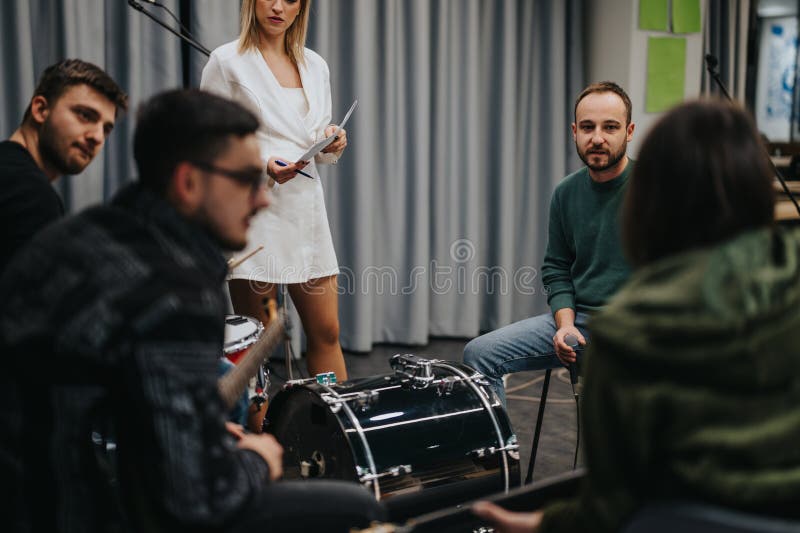 Musicians Rehearsing Together in Studio Preparing for Live Performance ...