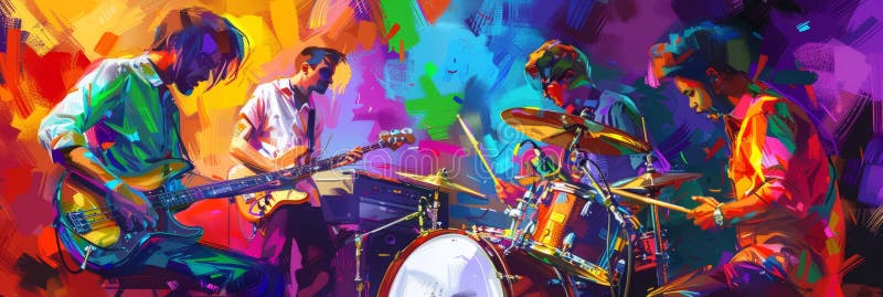 A Group of Musicians in a Garage Band, Playing Different Instruments ...