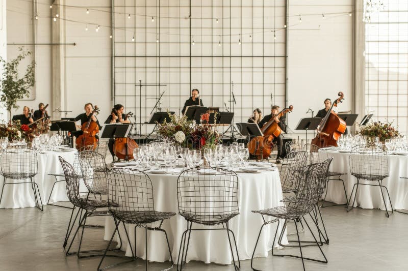 A Group of Musicians are Playing in a Large Room with Tables Stock ...