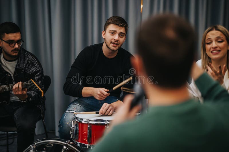 Musicians Collaborating Practicing Together Studio Setting Stock Photos ...