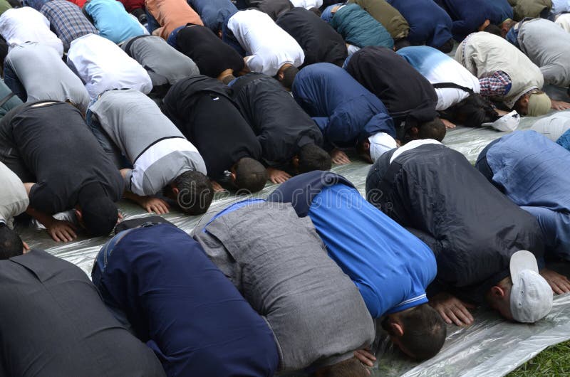 Group of Muslim Men Kneeling and Praying on Lawn Editorial Stock Image ...