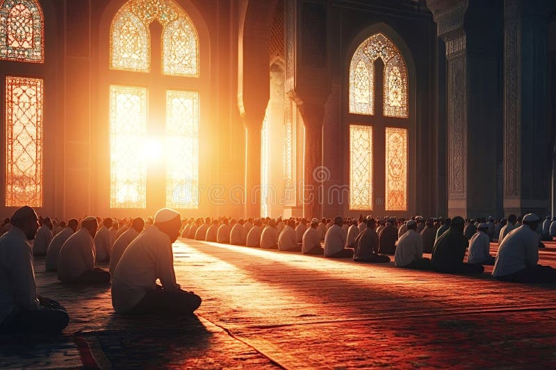 Muslim People Praying Inside Mosque at Sunset Stock Image - Image of ...