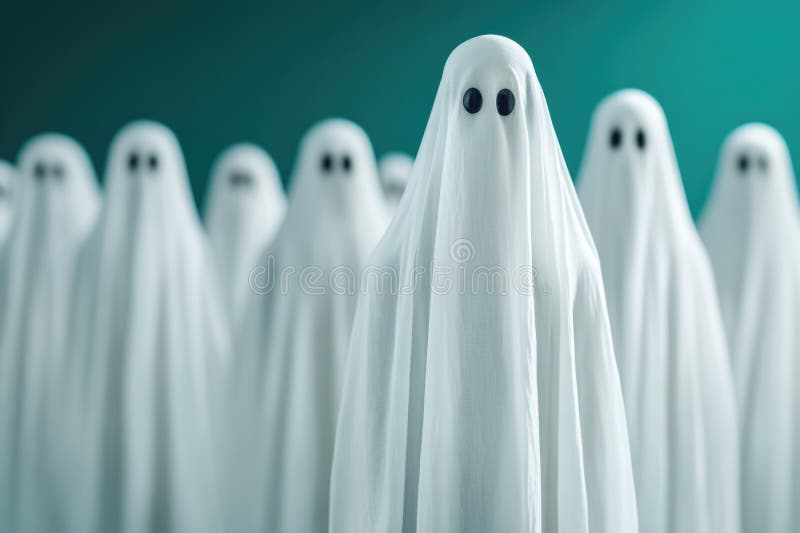 Group of Mysterious Ghost Figures with White Sheets and Black Eyes ...