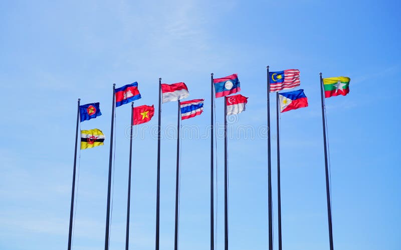 Group of Nation Flags ASEAN with Blue Sky Stock Image - Image of modern ...