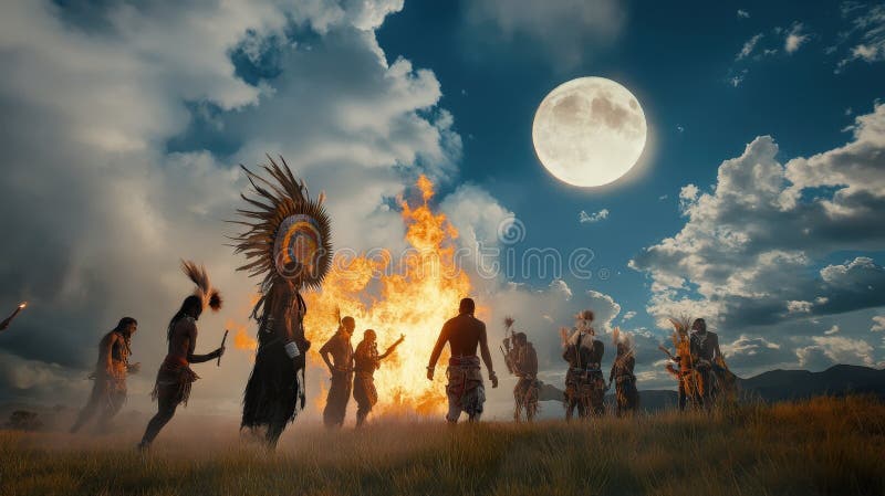 Native American Night Fire Ceremony Stock Illustration - Illustration ...