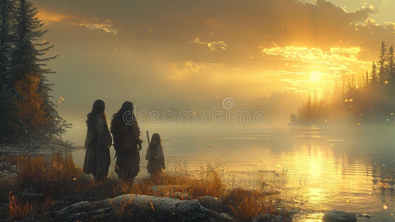 Group of Prehistoric Man, Neanderthal People Walking by River Stock ...