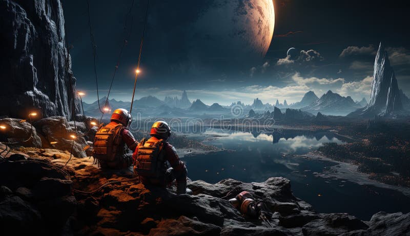 Group of Near-future Explorers Sitting on a Cliff on an Planet ...