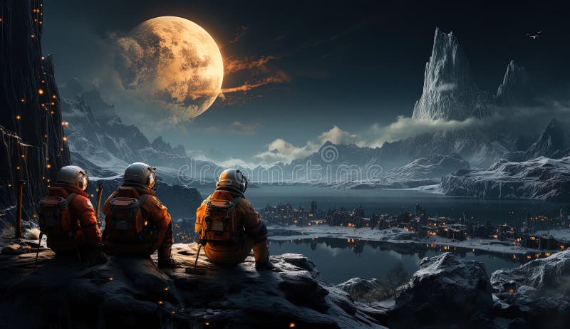 Group of Near-future Explorers Sitting on a Cliff on an Planet ...