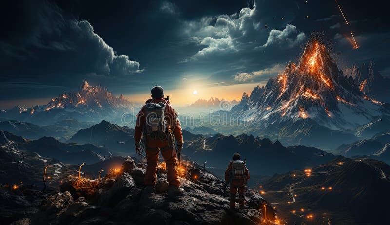 Group of Near-future Explorers Sitting on a Cliff on an Planet ...