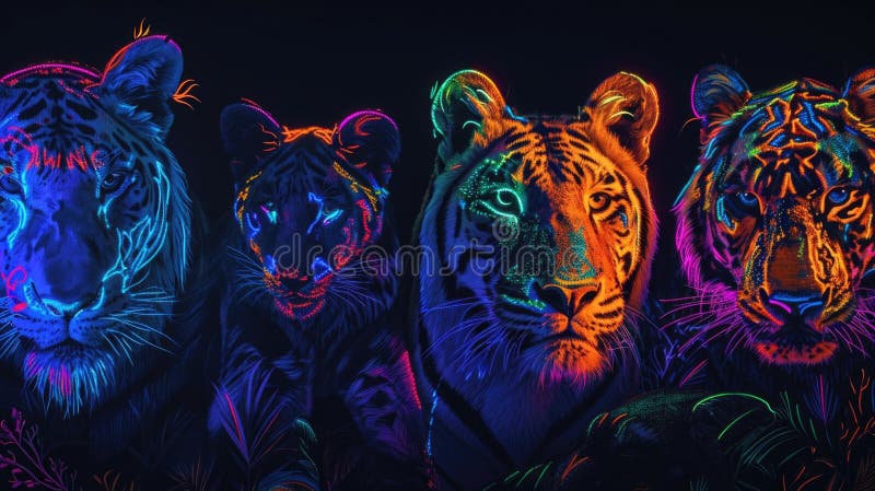 A Group of Neon Painted Animals Emerging from the Shadows Their Eyes ...
