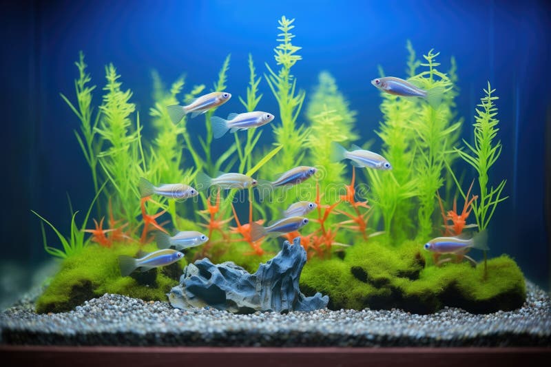 A Group of Neon Tetras Under Spotlight in a Planted Tank Stock Photo ...