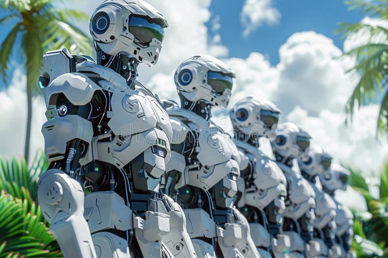 A Group of New Modern Humanoid Robots are Standing in a Line for ...