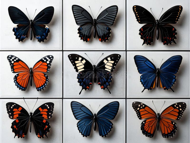 A Group of Nine Different Colored Butterflies on a White Surface Stock ...