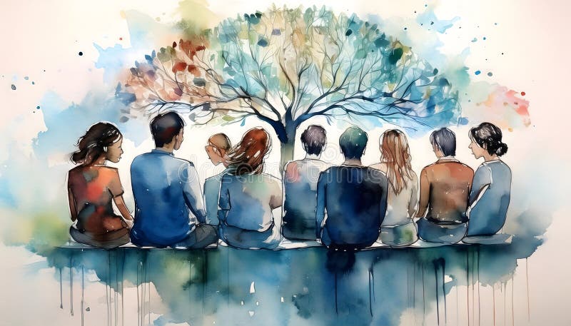 A Group of Nine People Sit Together Facing a Stylized Tree with ...