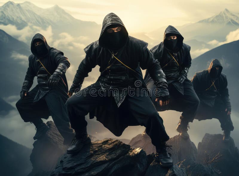 A Group of Ninjas in Black Clothes Stock Illustration - Illustration of ...