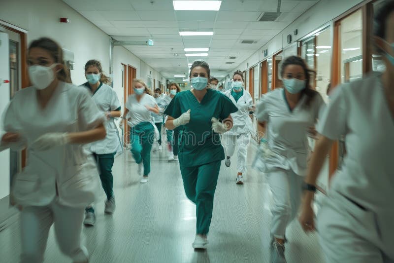 A Group of Nurses are Running Down a Hallway in a Hospital Stock ...