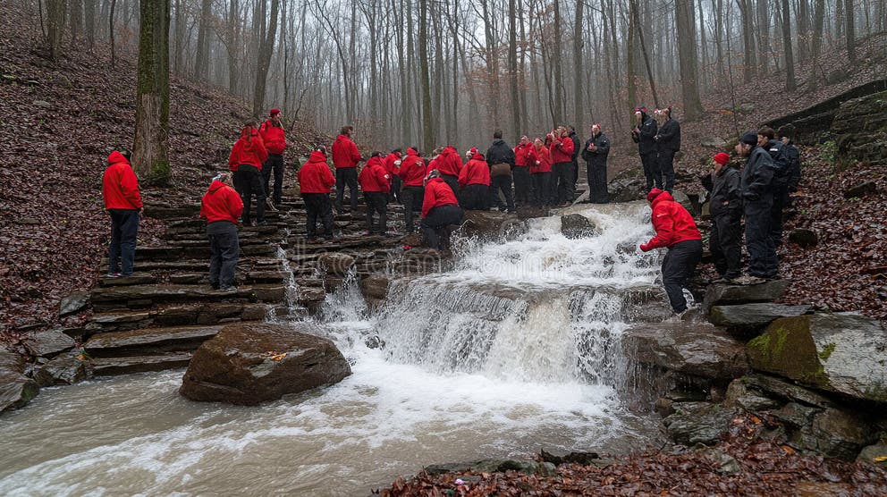 Group Observes Cascading Waterfall in Forest Stock Image - Image of ...