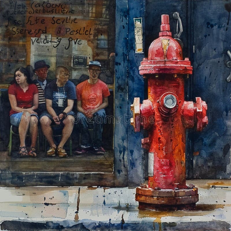 Group Observes Fire Hydrant, Urban Scene Stock Photo - Image of graphic ...