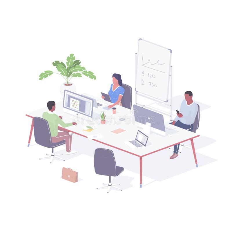 Group Office Employees Working on Project Realistic Isometric. Male ...