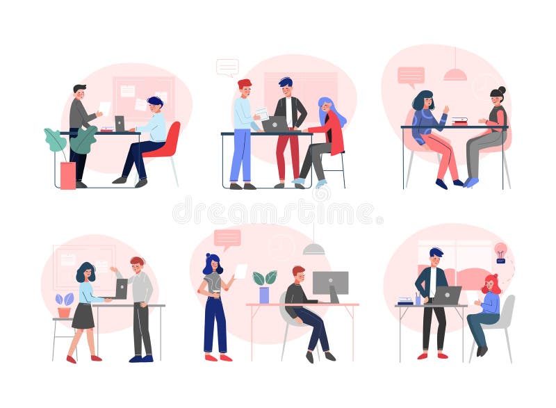 Group of Office Workers Sitting at Desks Communicating and ...