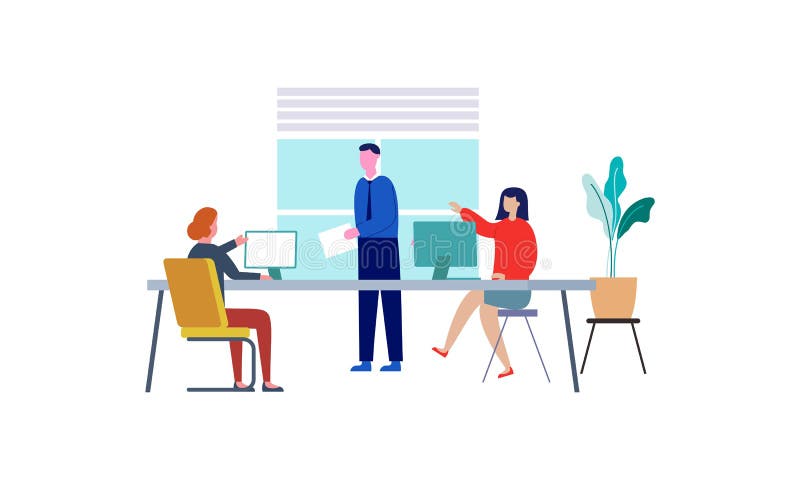 Group of Office Workers Sitting at Desks and Communicating or Talking ...