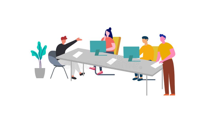 Group of Office Workers Sitting at Desks and Communicating or Talking ...