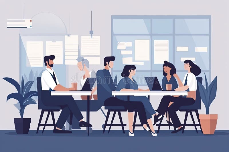 Group of Office Workers Sitting at Desks and Communicating or Talking ...