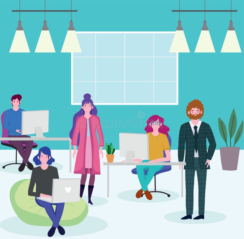 Group of Office Workers Sitting at Desks with Computer, People Working ...