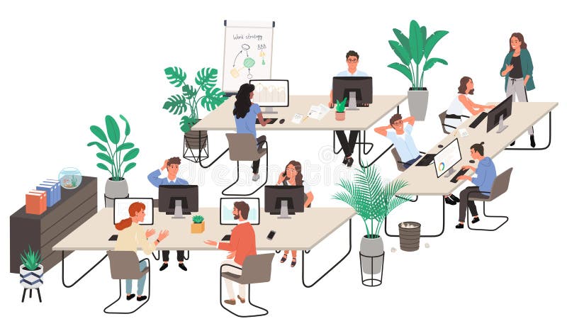 Group of Office Workers at Working Place and Communicating To Each ...