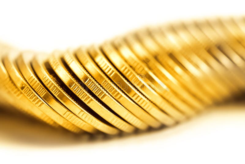 A Group Og Gold Coin Stacking Row in Curve Form Shallow Focus Stock ...
