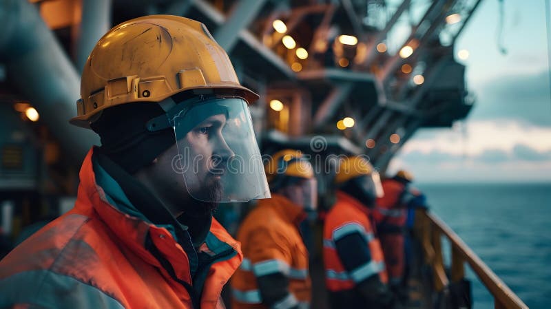 Group of Oil Rig Workers Collaborating on Offshore Platform with ...
